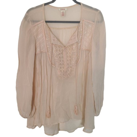 Sundance | Tops | Sundance Womens S Nude Long Sleeves Tasseled Tie Neck ...